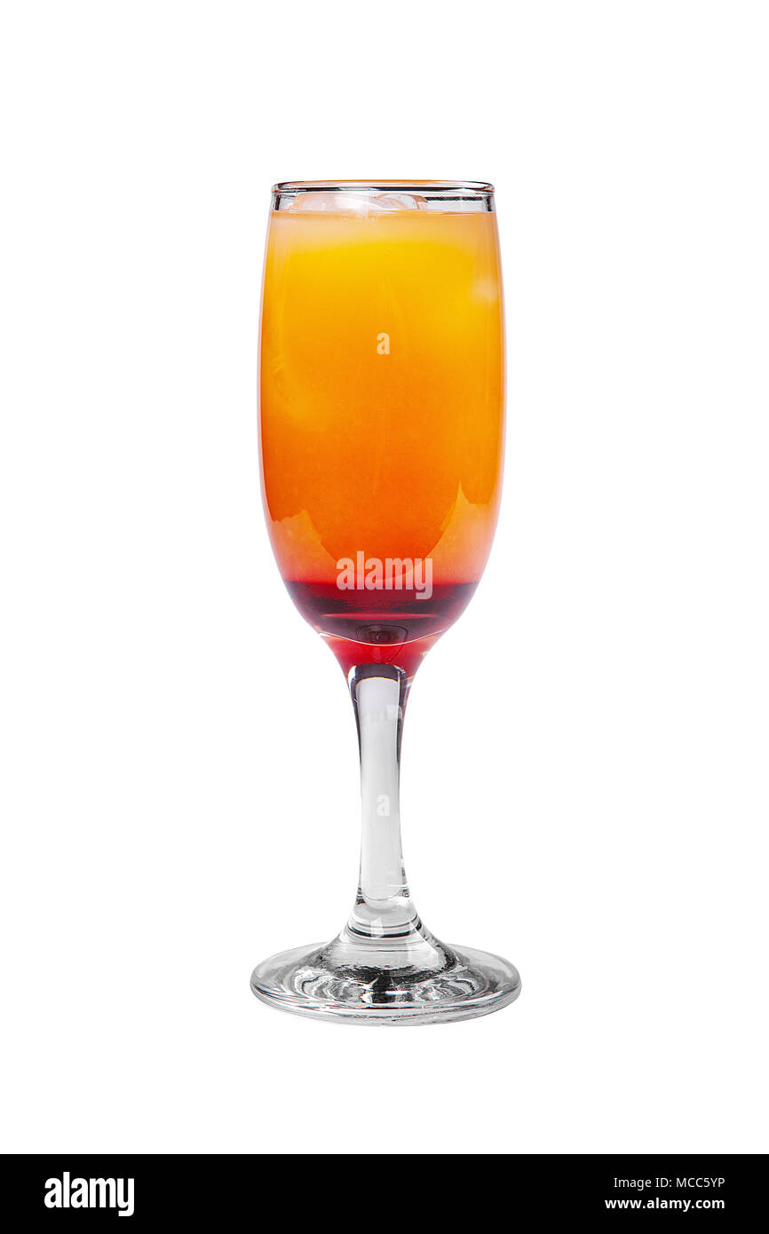 Multicolored, two-layered yellow and orange, red cocktail in a tall ...