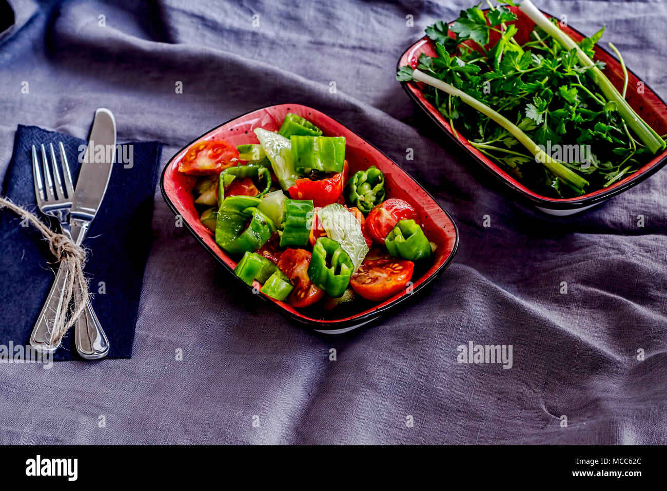 Vegetable table with Tomato, pepper and parsley. Top view, close up ...