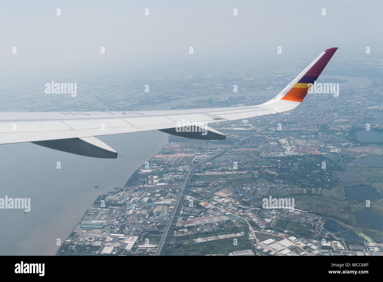 Plane aerial view summer landscape with flying air transport hi-res ...