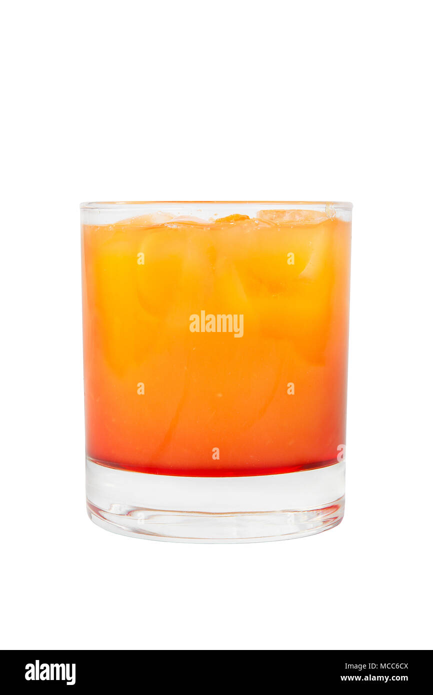 A multicolored, two-layered opaque cocktail in a low glass with ice ...