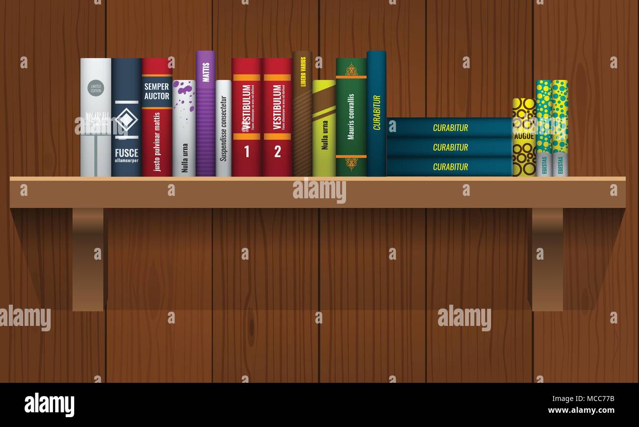 Vector Book shelf with realistic books stalks. Back side view Stock ...