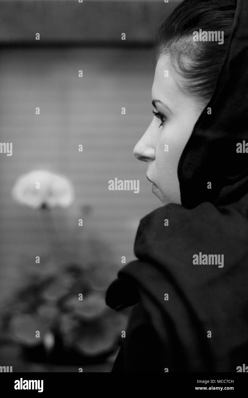 monochrome closeup portrait of inconsolable widow Stock Photo - Alamy