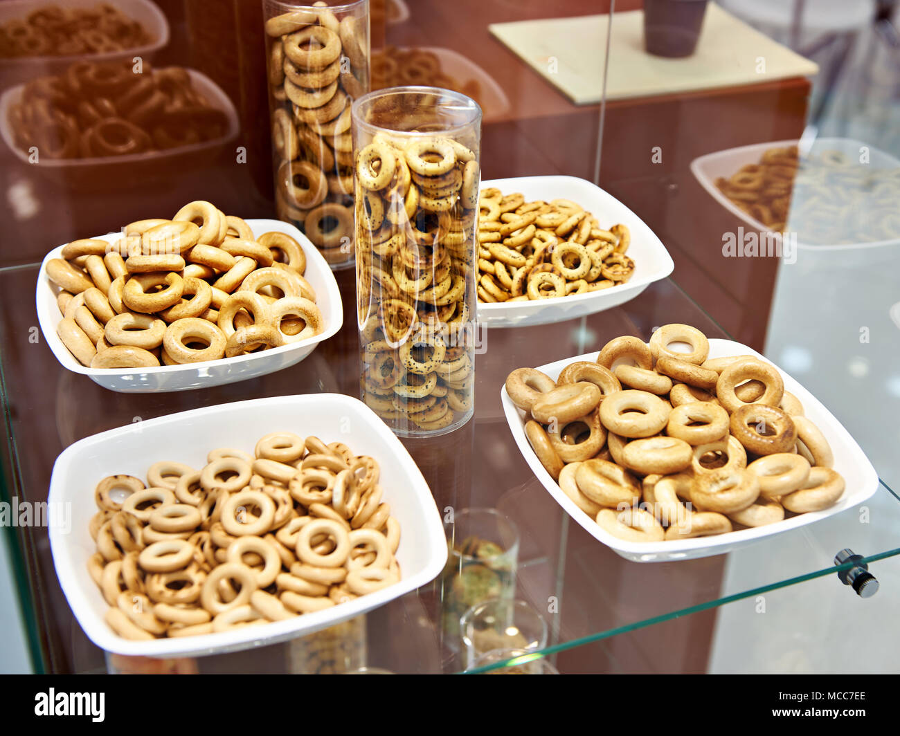 Sushki in plates. Traditional russian small, crunchy, bread rings for ...