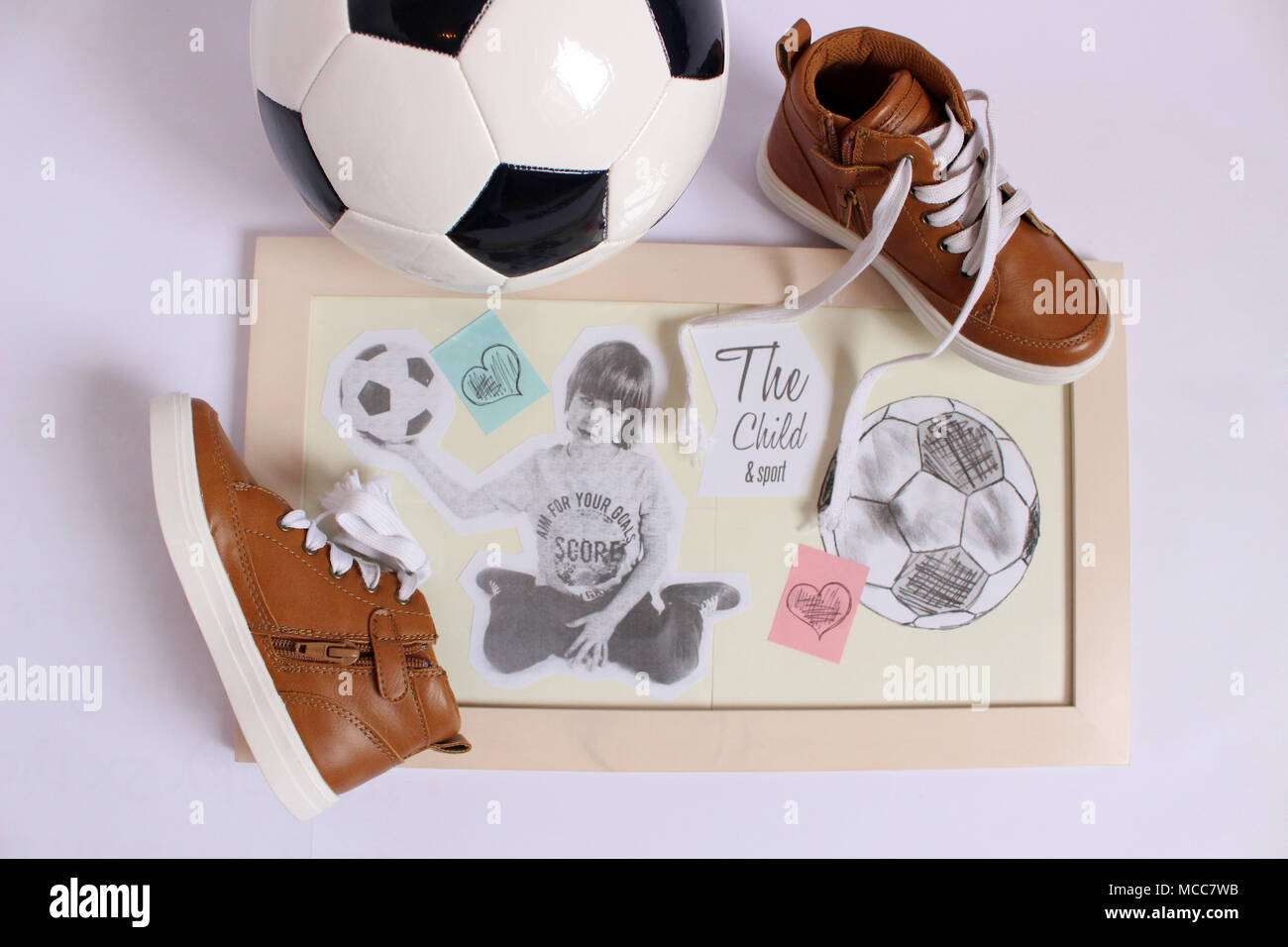 Soccer ball football with shoes collage Stock Photo - Alamy
