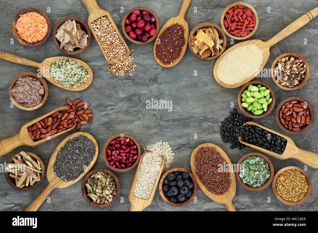 Super food with legumes, grains, seeds, berry fruit, cereals, medicinal ...