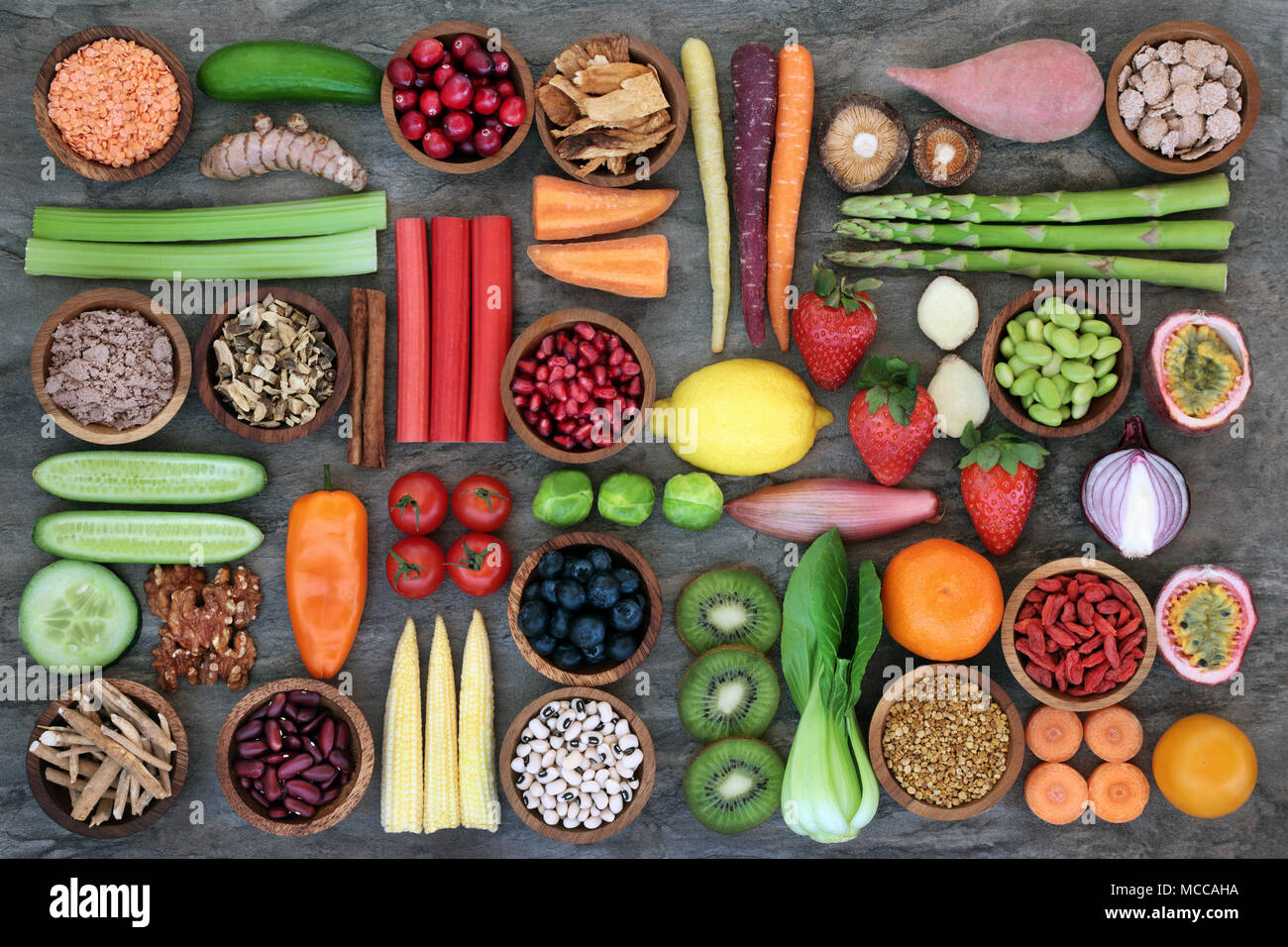 Health food for healthy eating concept with fresh vegetables and fruit ...