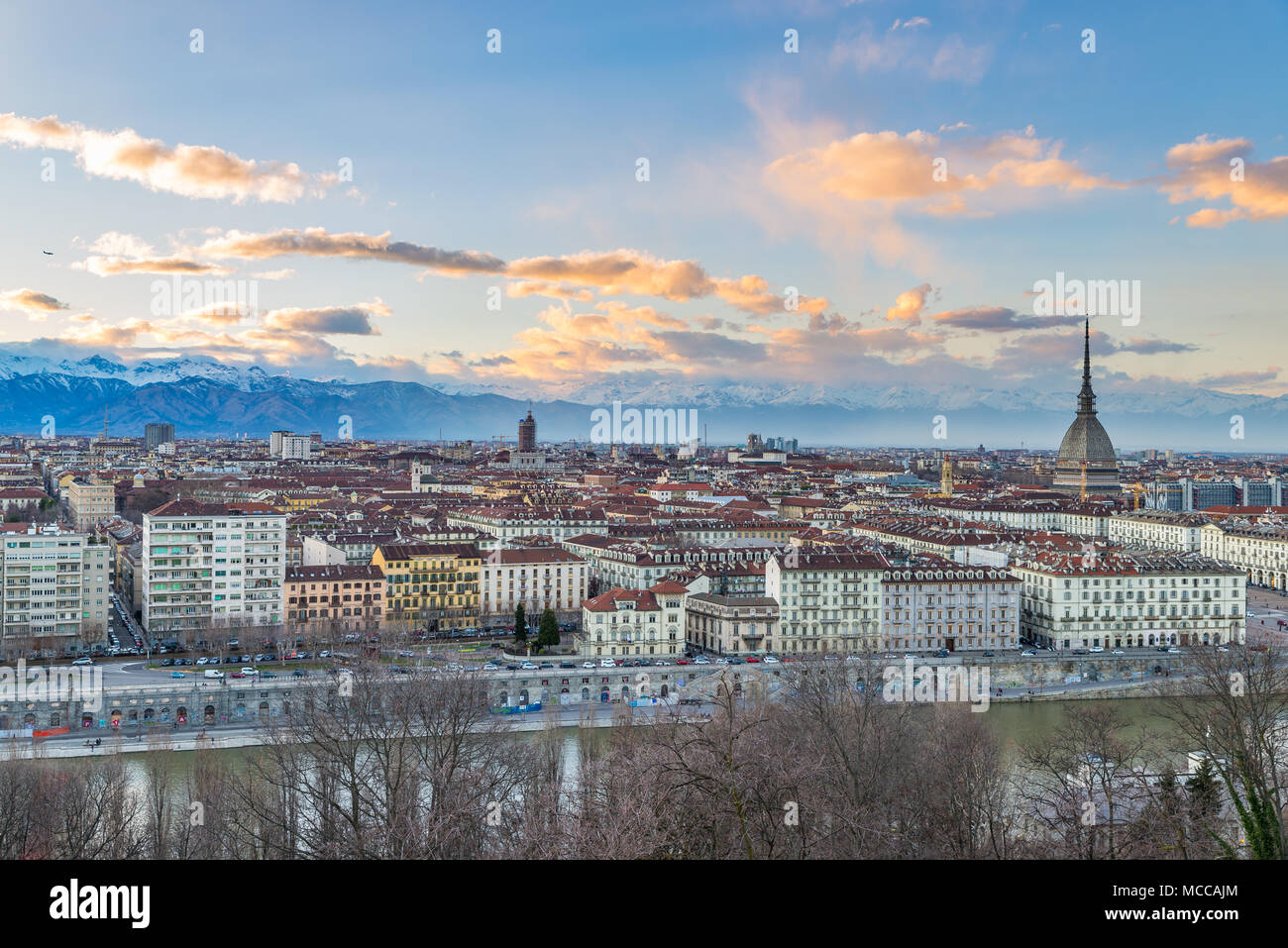 Turin skyline at dusk, Torino, Italy, panorama cityscape with the Mole ...