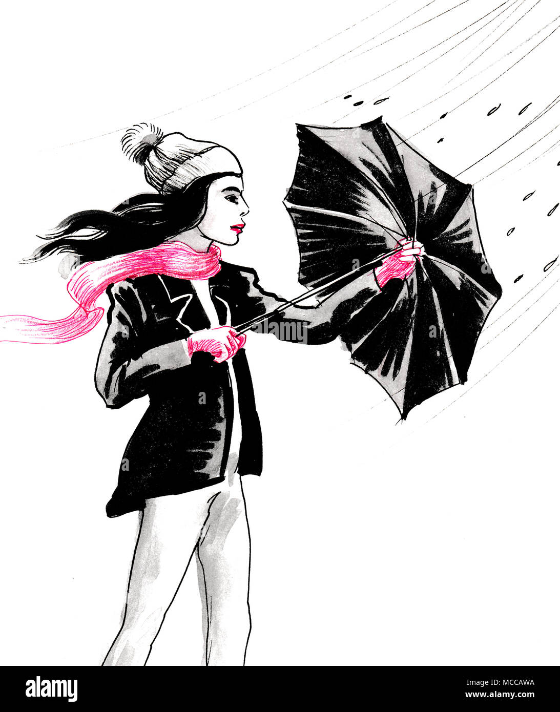 Girl with an umbrella in the rain. Ink illustration Stock Photo - Alamy