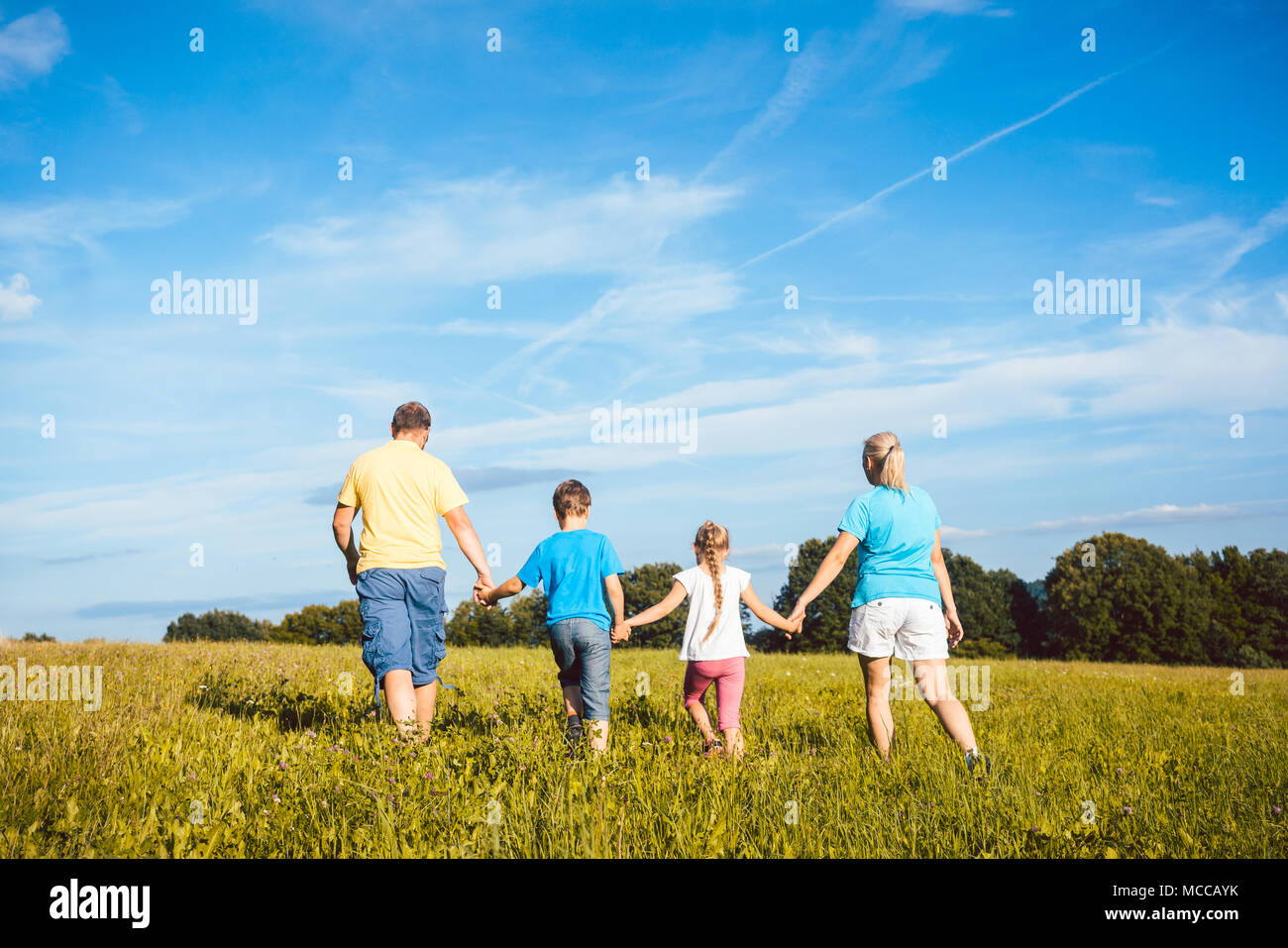 Family holding hands running over meadow Stock Photo - Alamy