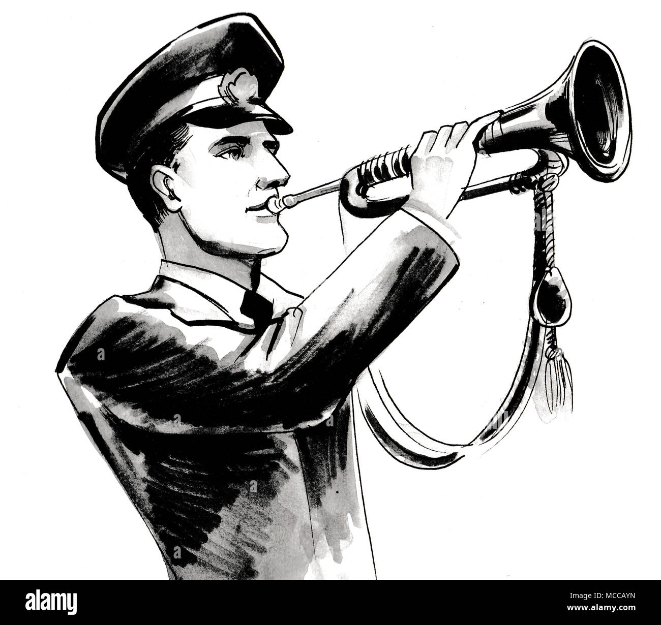 Soldier with a trumpet. Ink black and white illustration Stock Photo ...