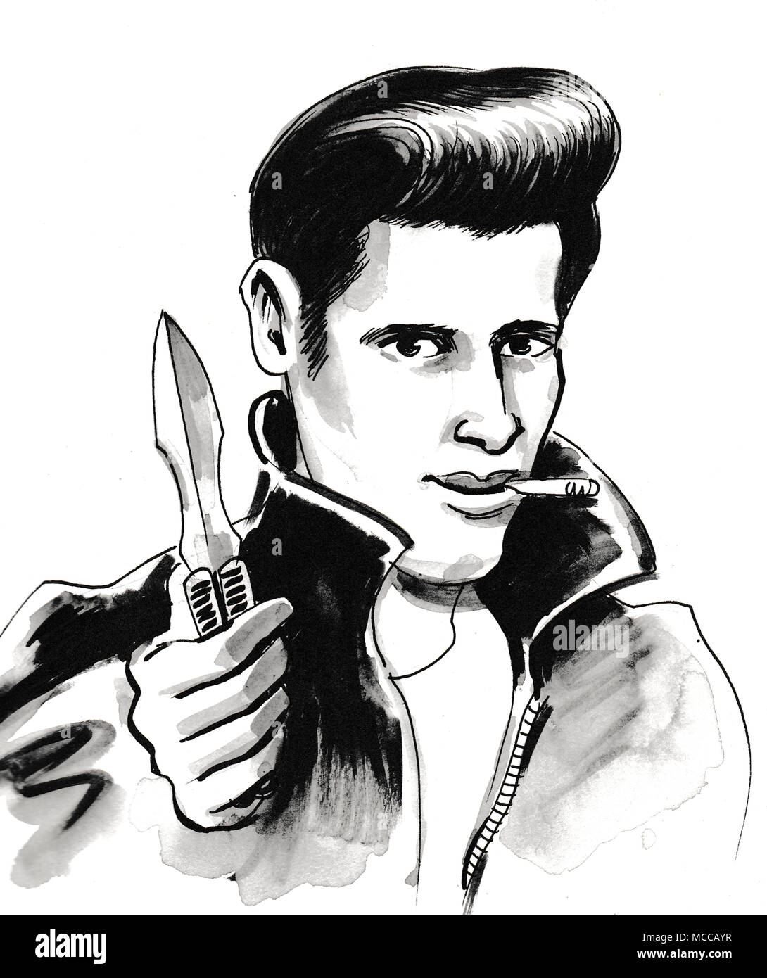 Hooligan with a knife. Ink black and white illustration Stock Photo - Alamy