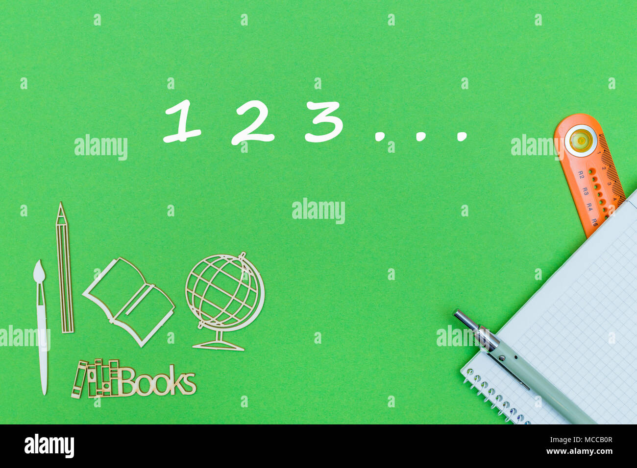 concept school, numbers 123, school supplies, notebook, ruler and pen ...