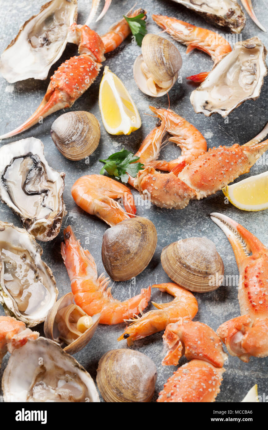 Seafood. Oysters, lobster, clams. Top view Stock Photo - Alamy