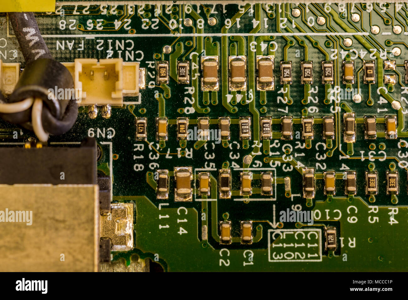 Close up view of motherboard showing main computer components and ...