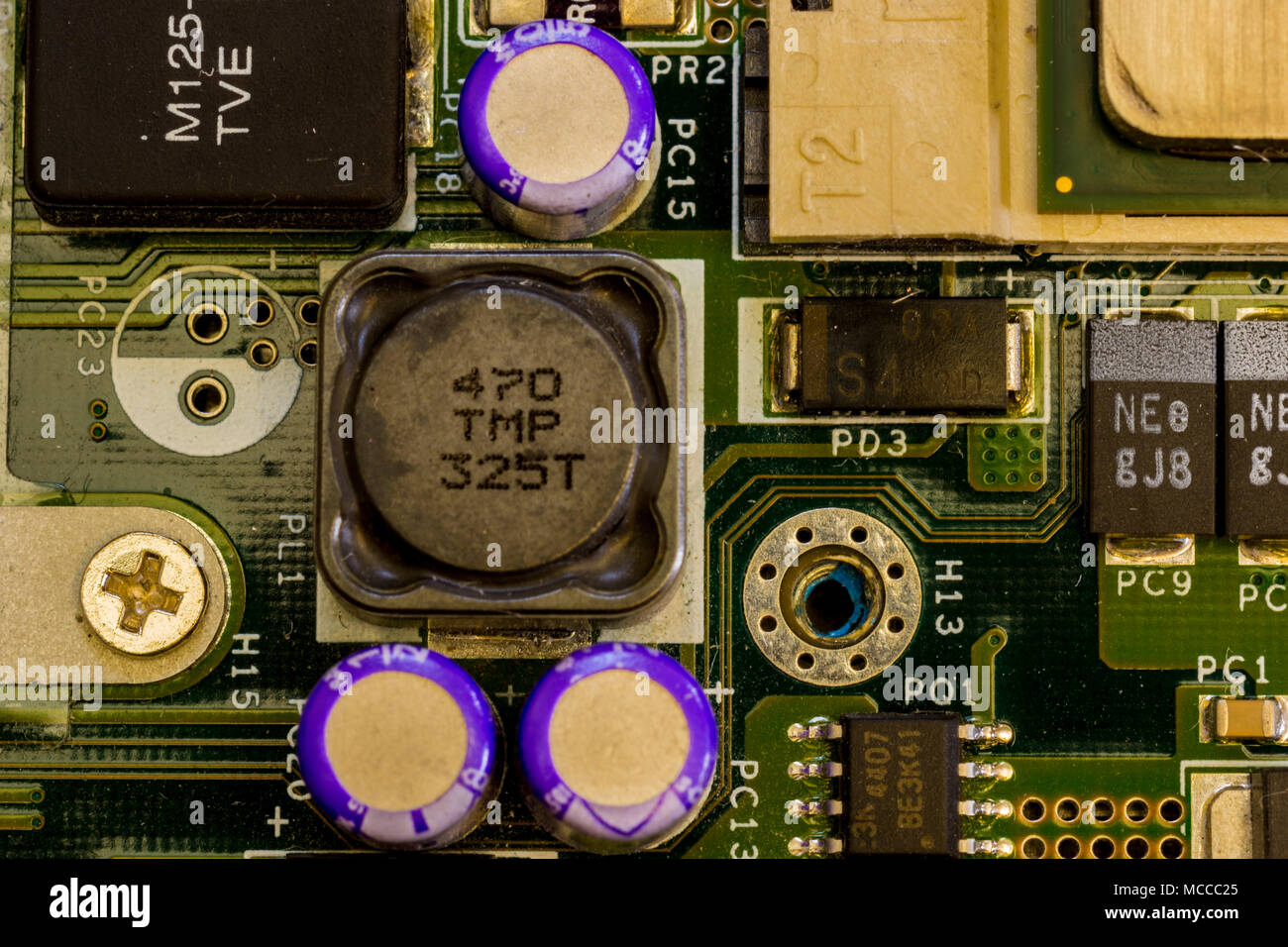 Close up view of motherboard showing main computer components and ...