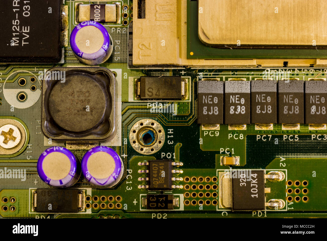 Close up view of motherboard showing main computer components and ...