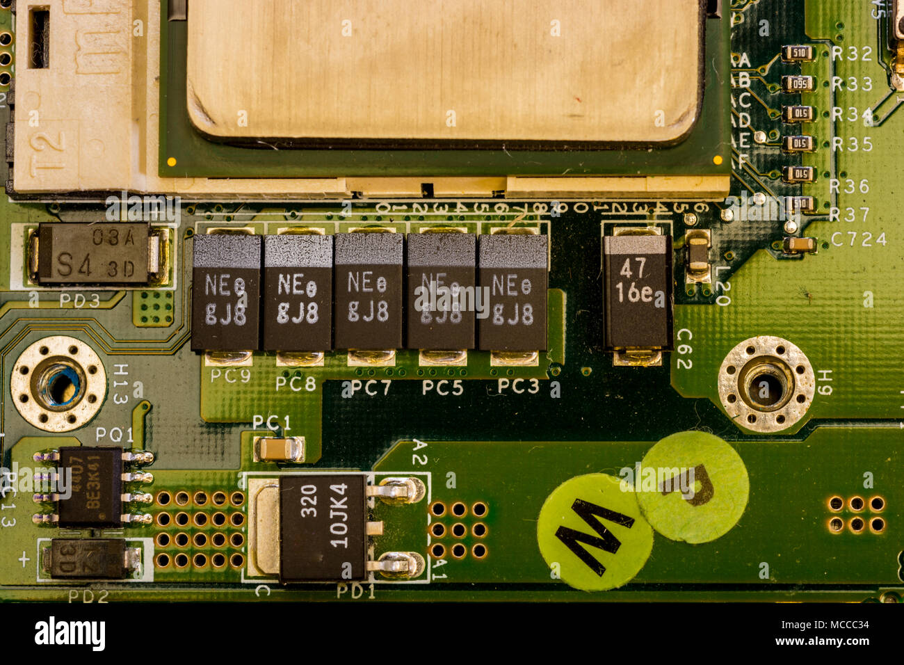 Close up view of motherboard showing main computer components and ...