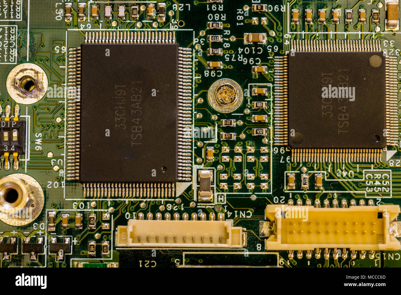 Close up view of motherboard showing main computer components and ...