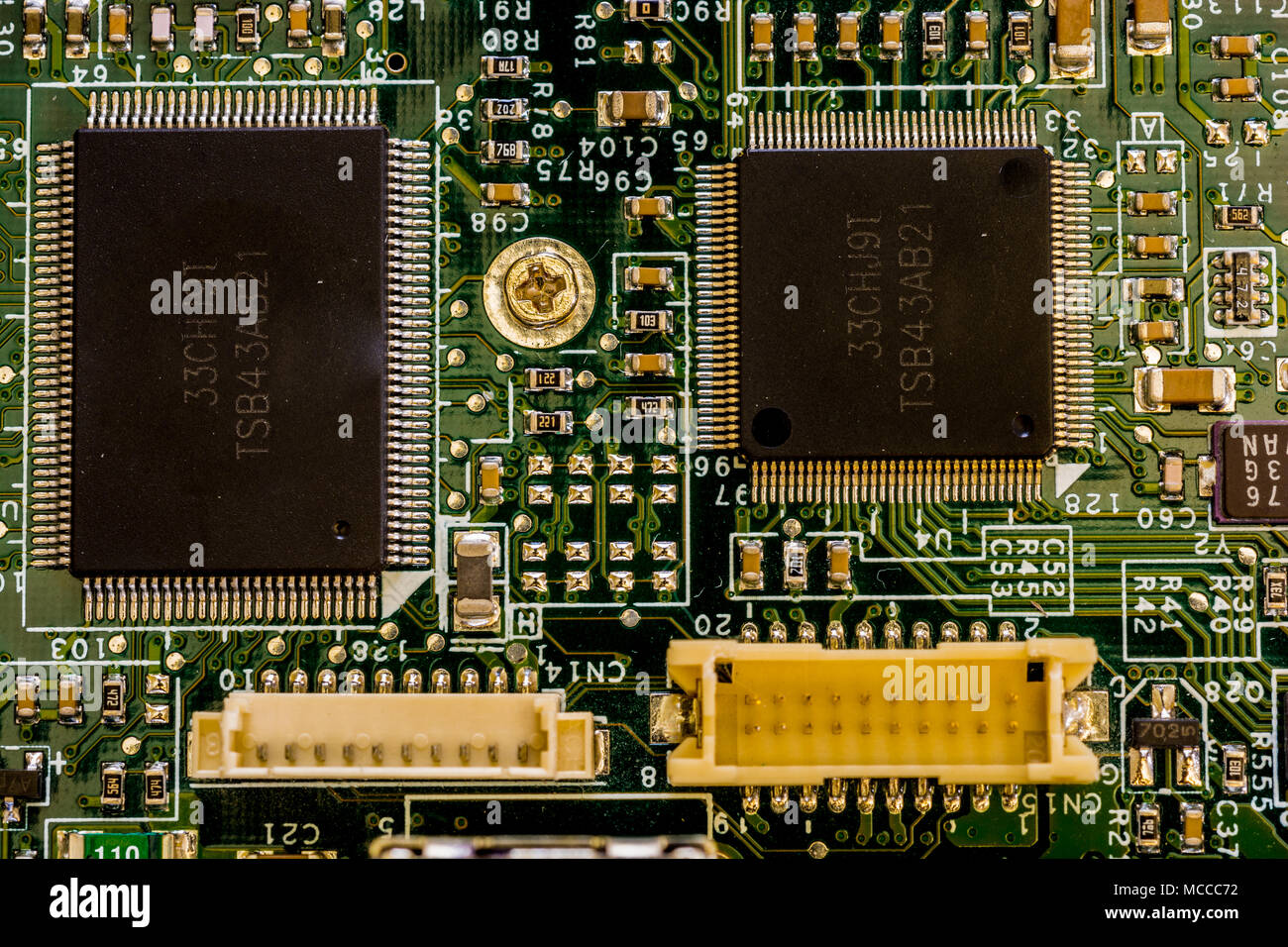 Close up view of motherboard showing main computer components and ...