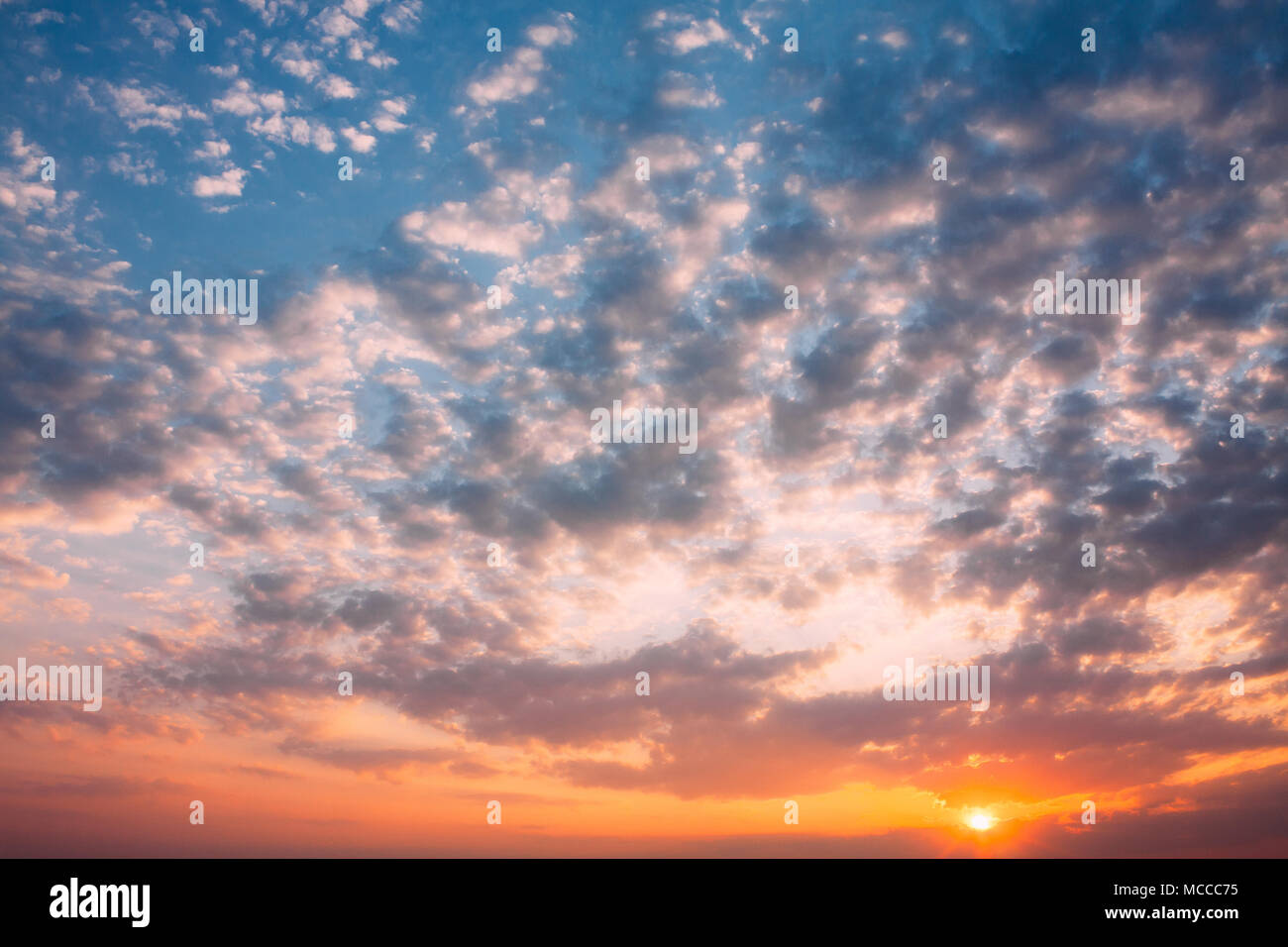 Sun Sunshine During Sunset Sunrise In Sky Background. Natural Bright Dramatic Sky In Sunset Dawn ...