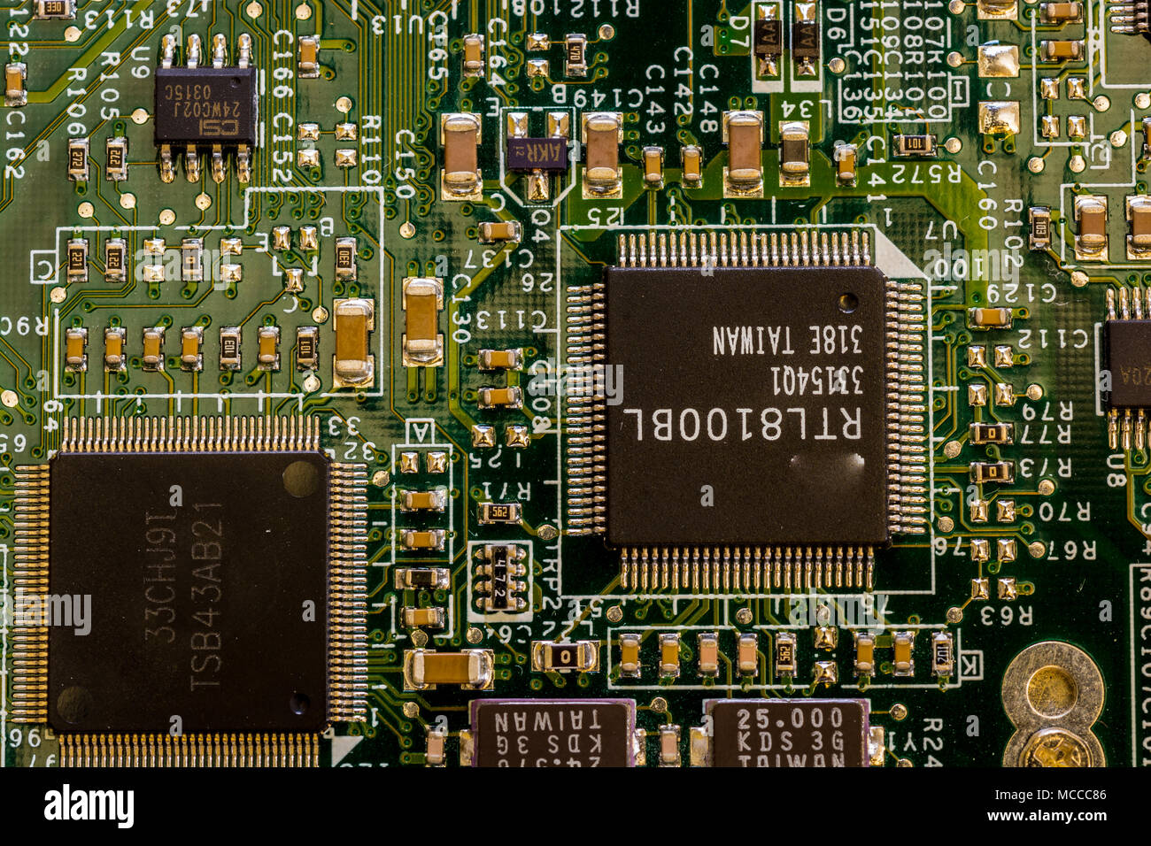 Close up view of motherboard showing main computer components and ...