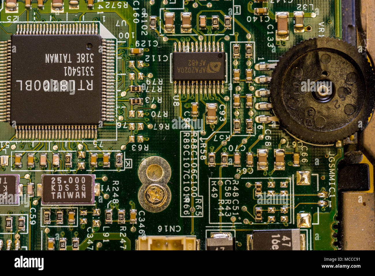 Close up view of motherboard showing main computer components and ...