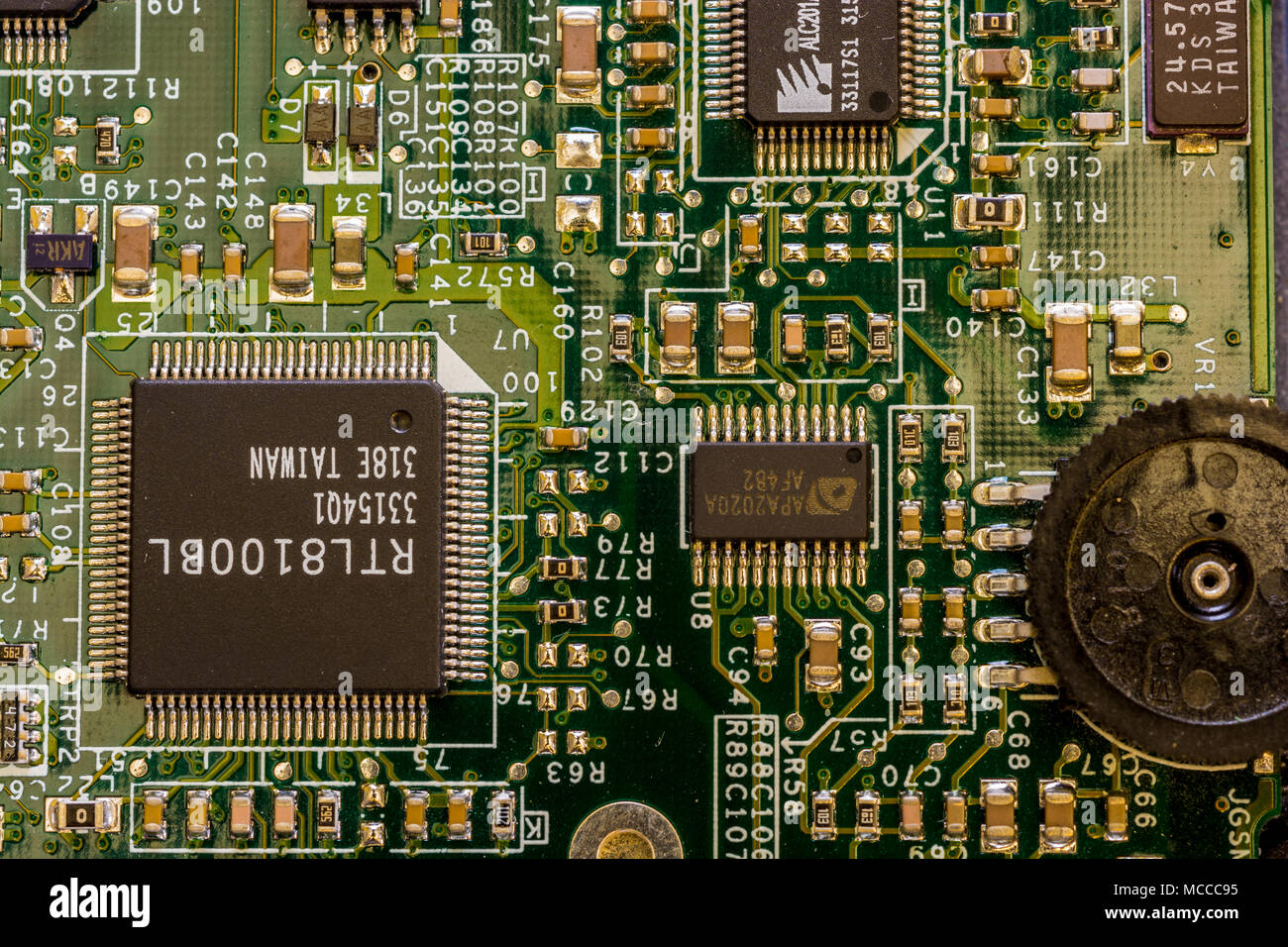 Close up view of motherboard showing main computer components and ...