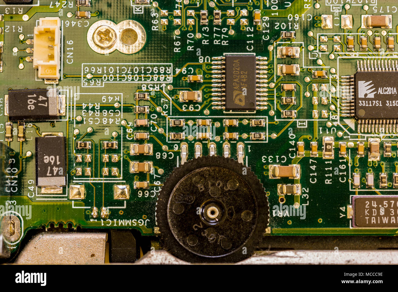 Close up view of motherboard showing main computer components and ...