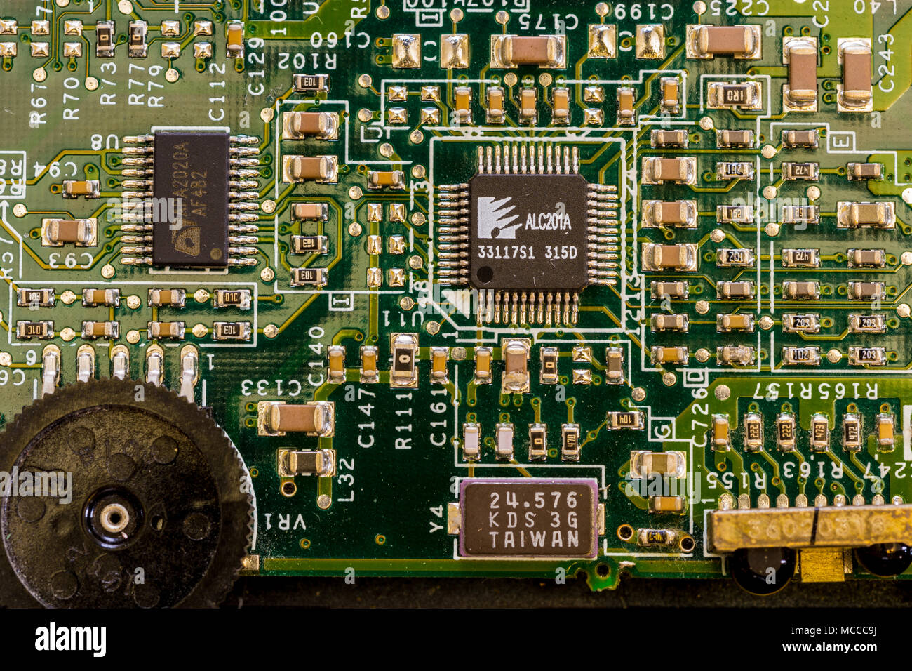 Close up view of motherboard showing main computer components and ...