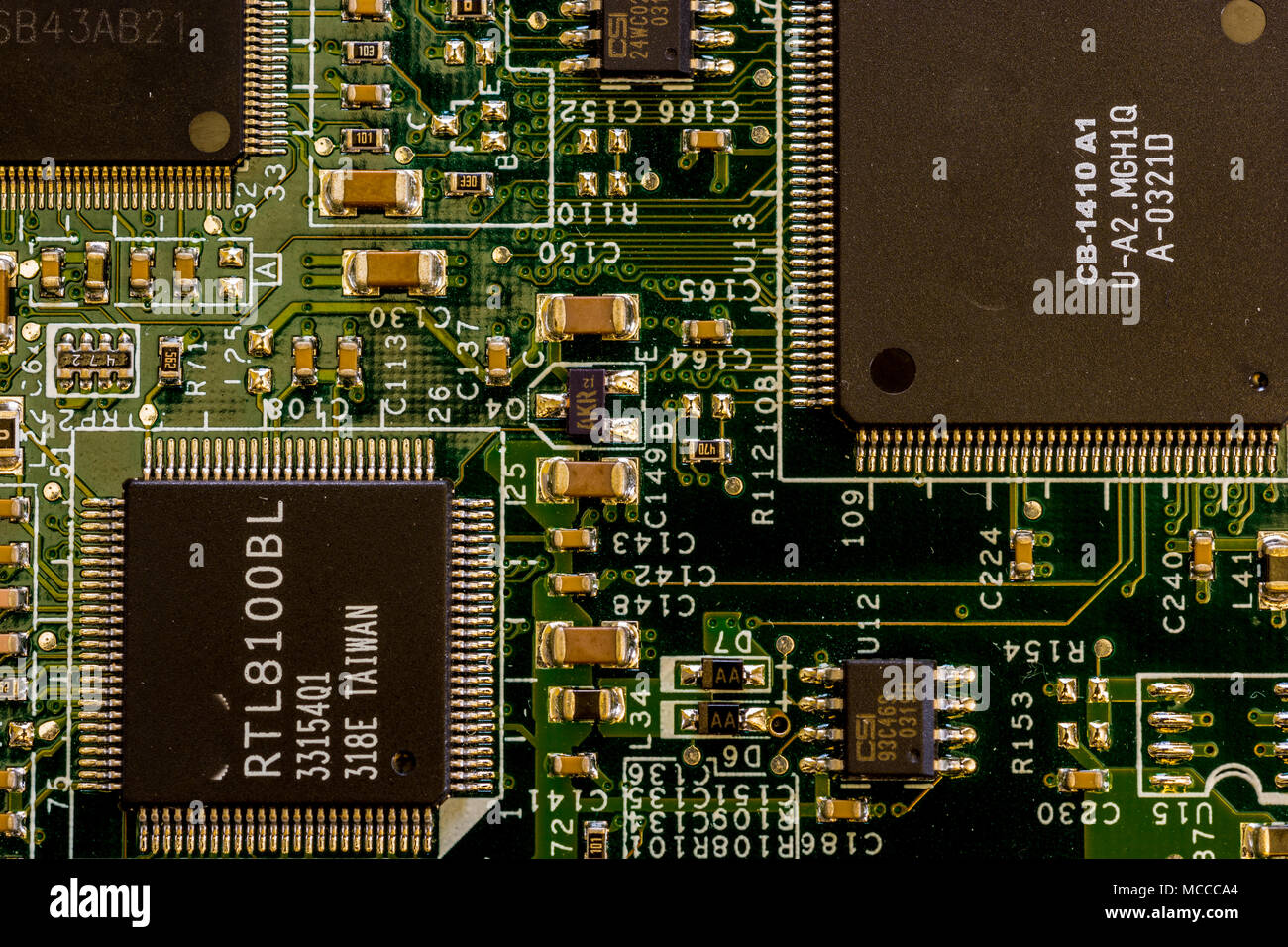 Close up view of motherboard showing main computer components and ...