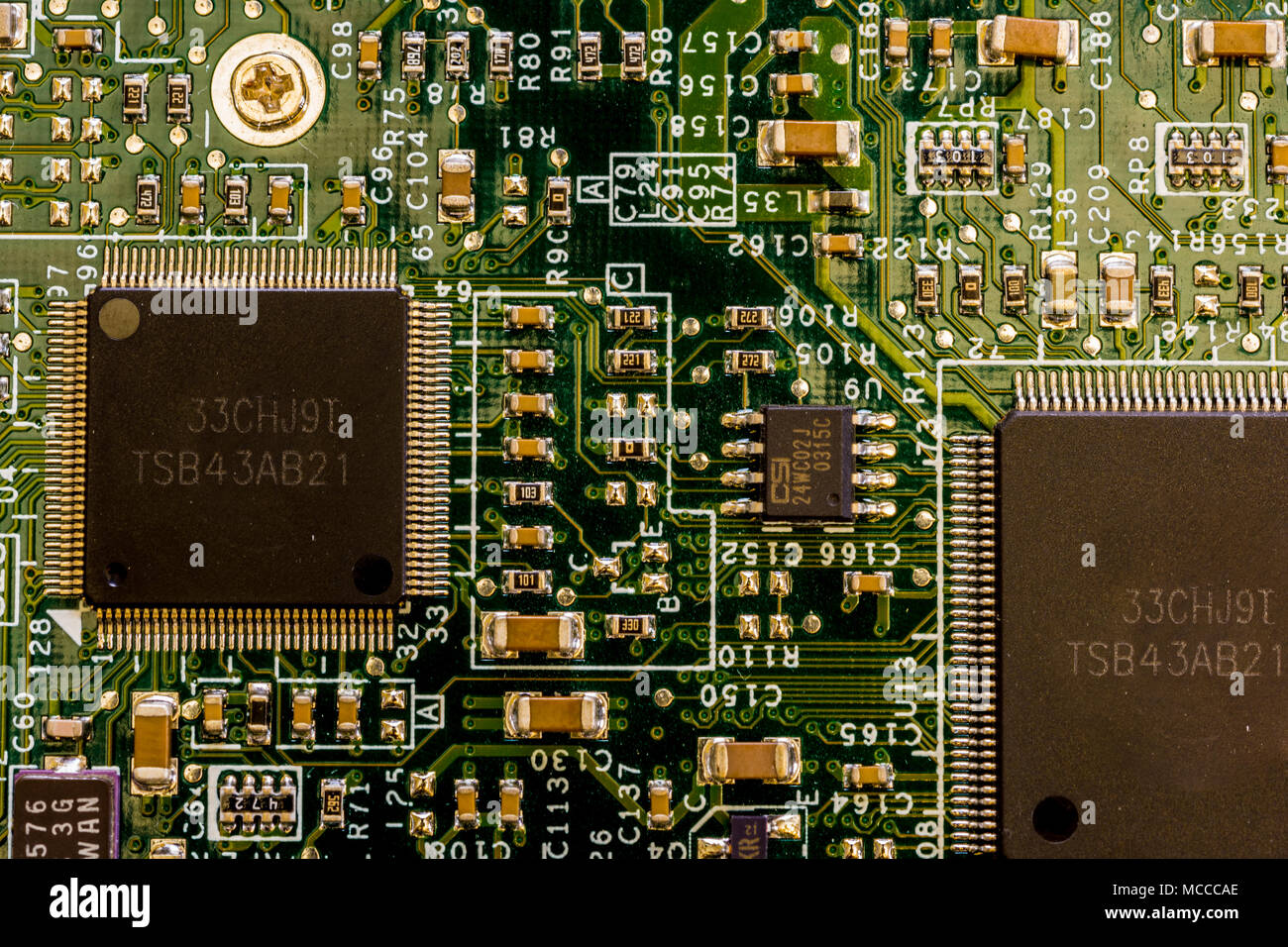 Close up view of motherboard showing main computer components and ...
