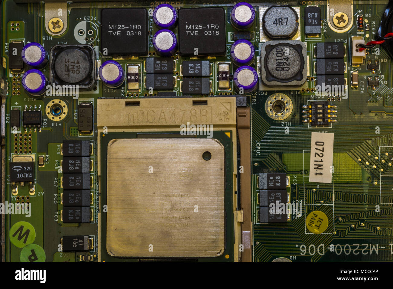 Close up view of motherboard showing main computer components and ...