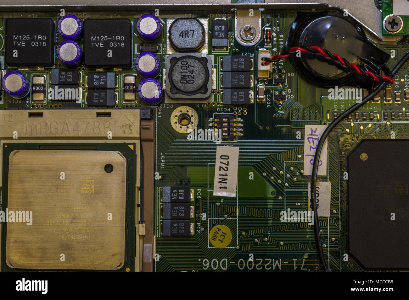 Close up view of motherboard showing main computer components and ...