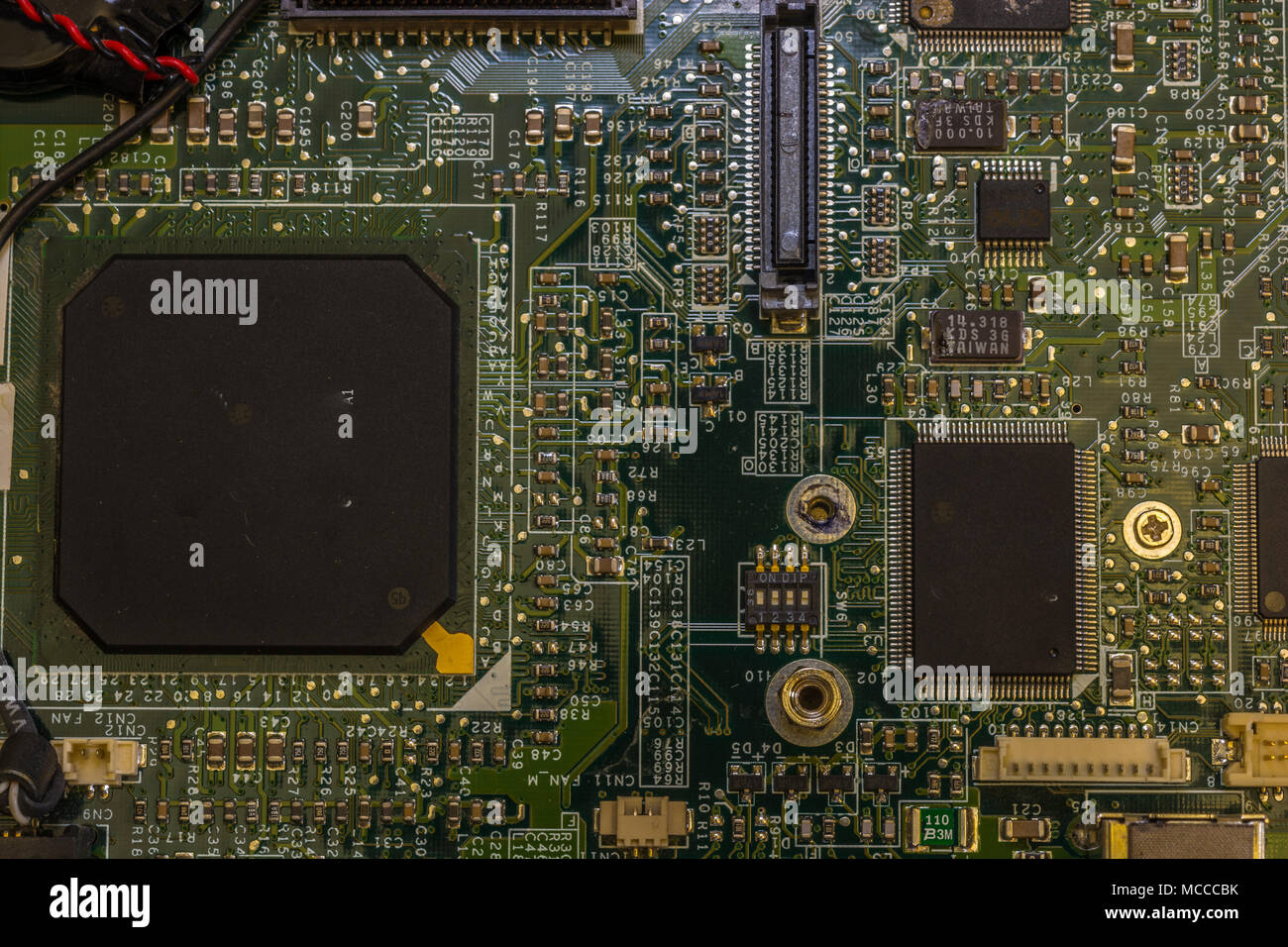Close up view of motherboard showing main computer components and ...