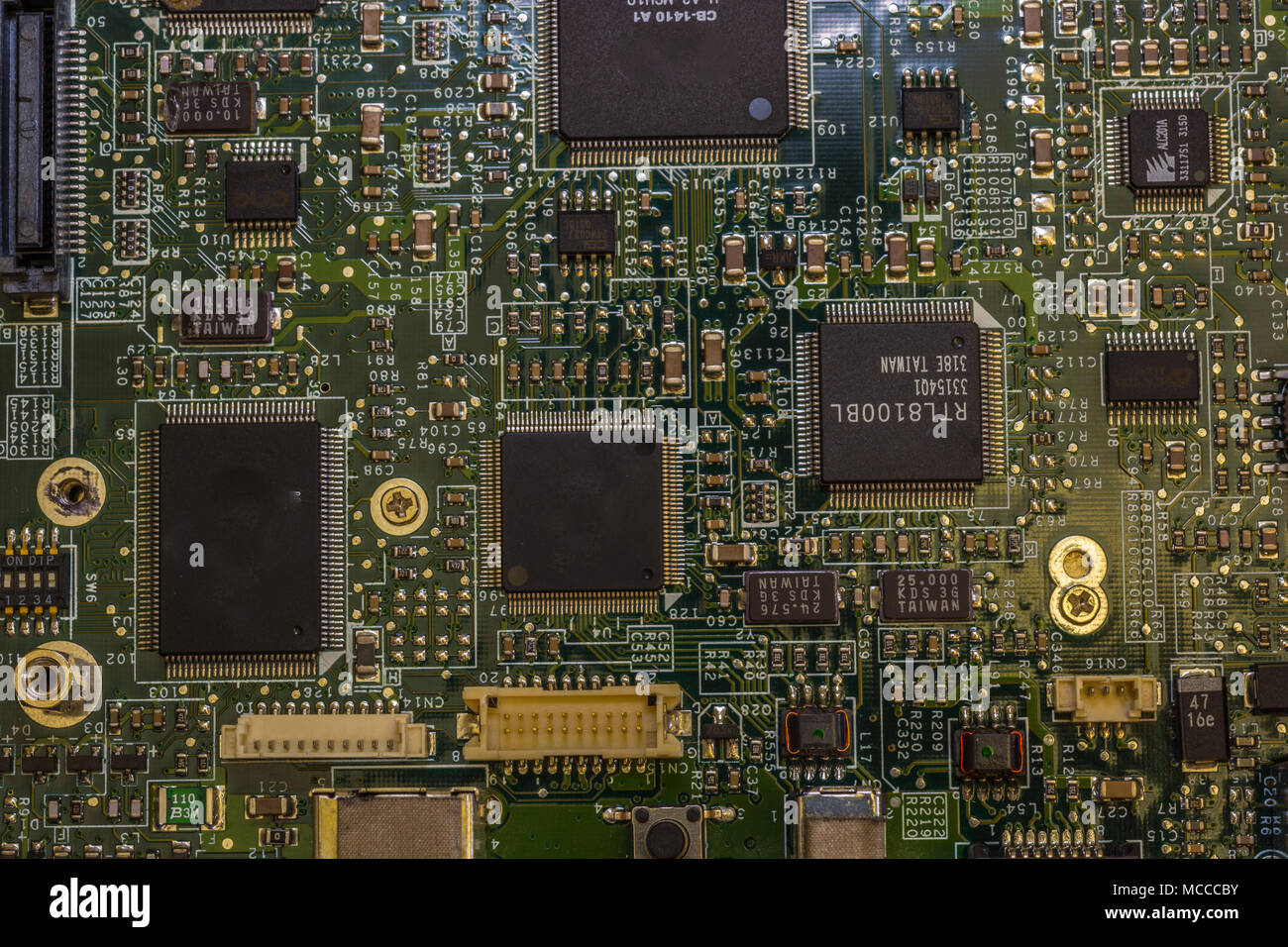 Close up view of motherboard showing main computer components and ...
