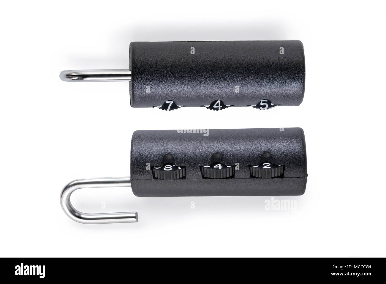 Two views of small black code padlock. Isolated on white, clipping path ...