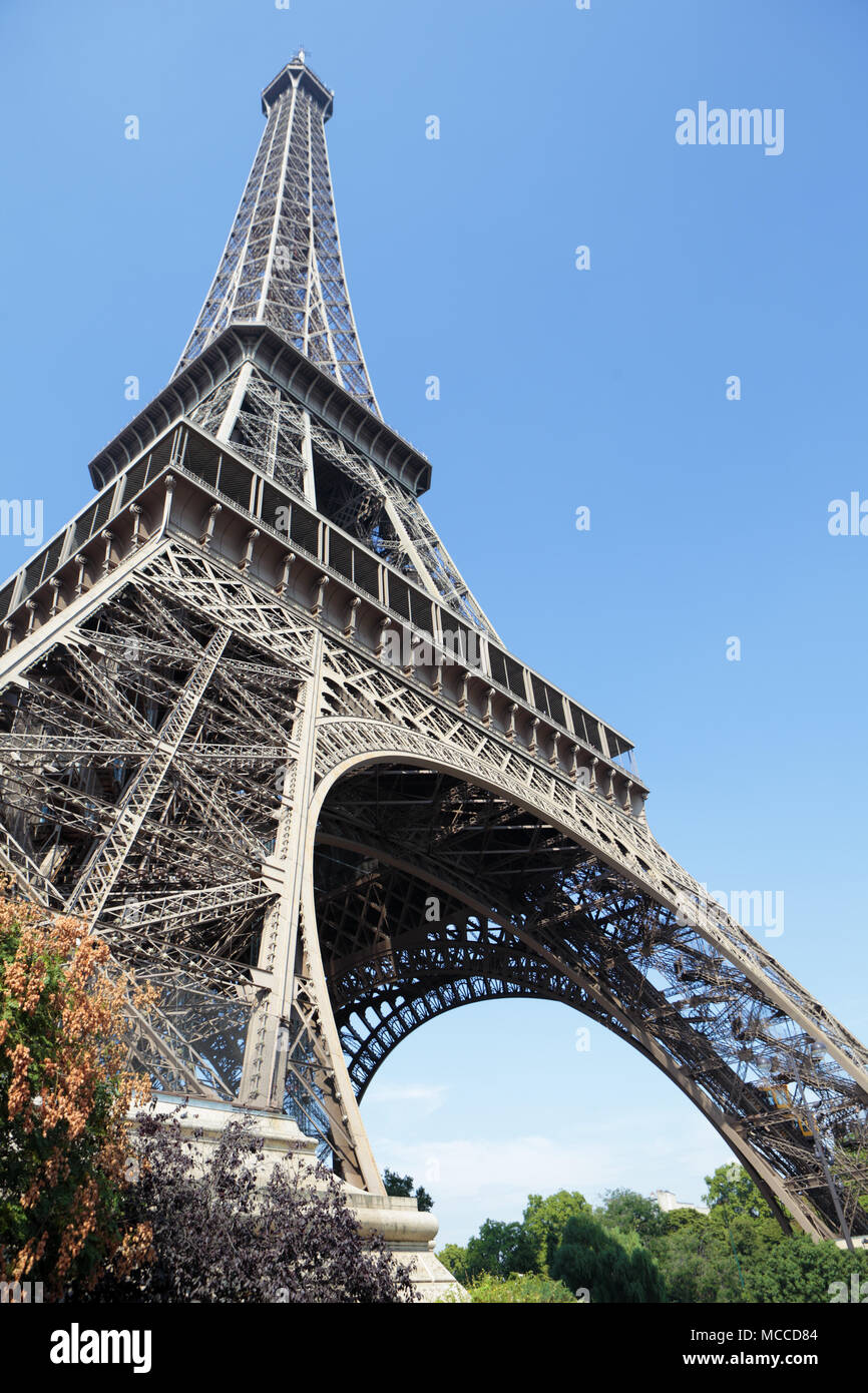 Eiffel Tower looking upwards wide angle view Stock Photo - Alamy