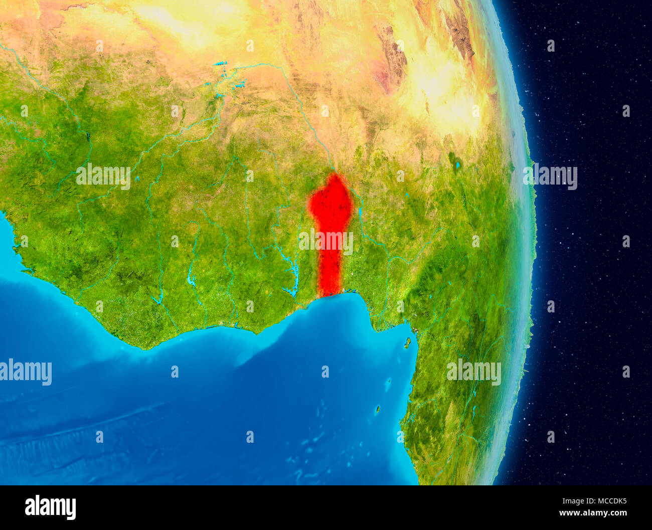 Country of Benin in red on planet Earth. 3D illustration. Elements of ...