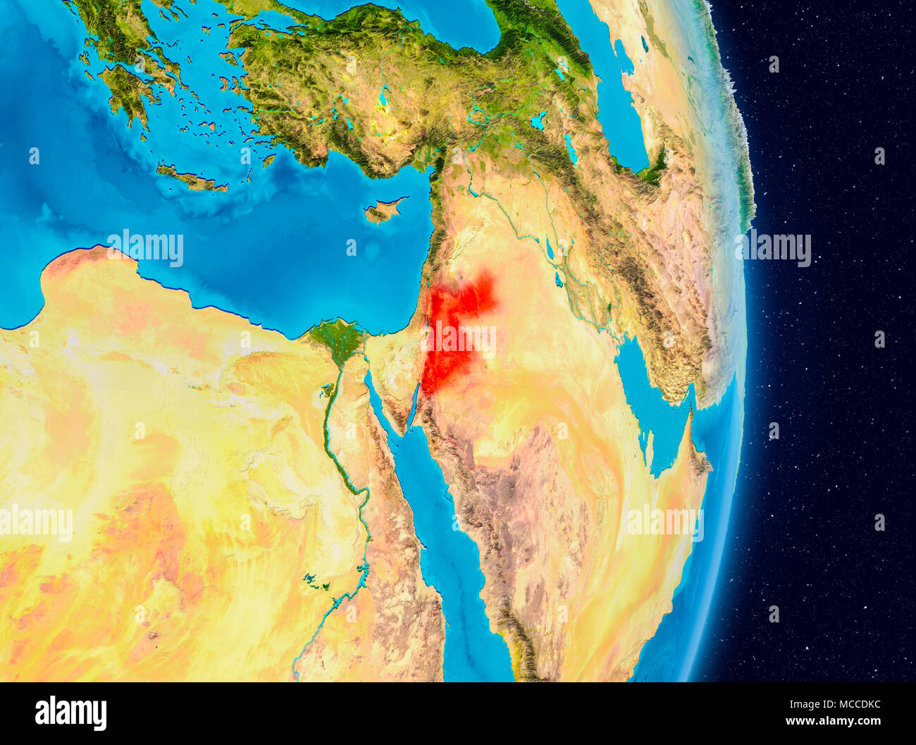 Country of Jordan in red on planet Earth. 3D illustration. Elements of ...