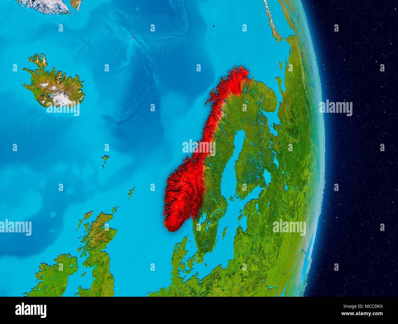Country of Norway in red on planet Earth. 3D illustration. Elements of ...