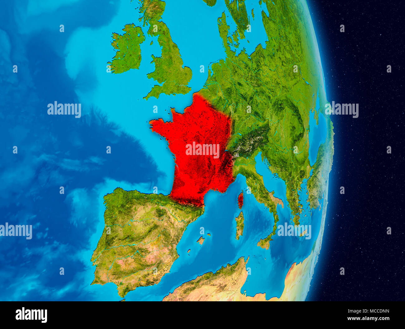 Country of France in red on planet Earth. 3D illustration. Elements of ...