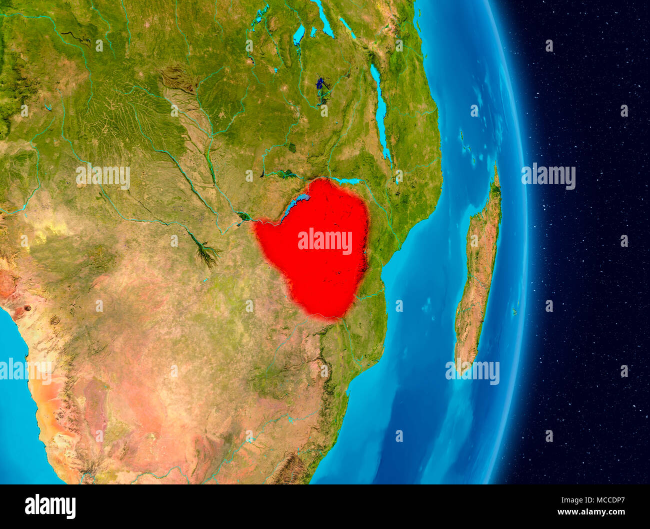 Country of Zimbabwe in red on planet Earth. 3D illustration. Elements ...
