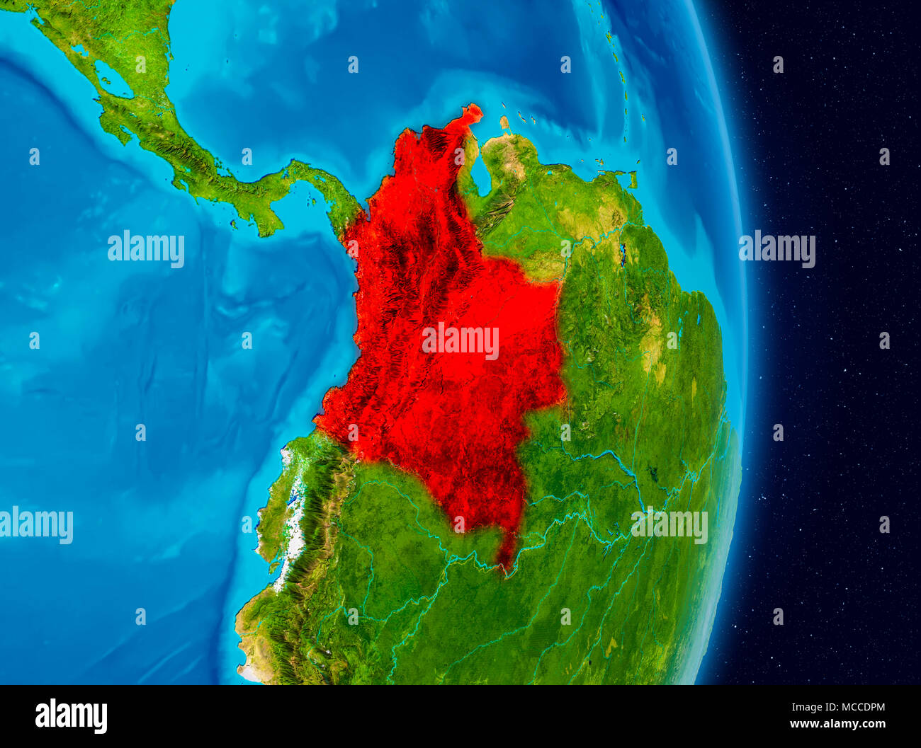 Country of Colombia in red on planet Earth. 3D illustration. Elements ...