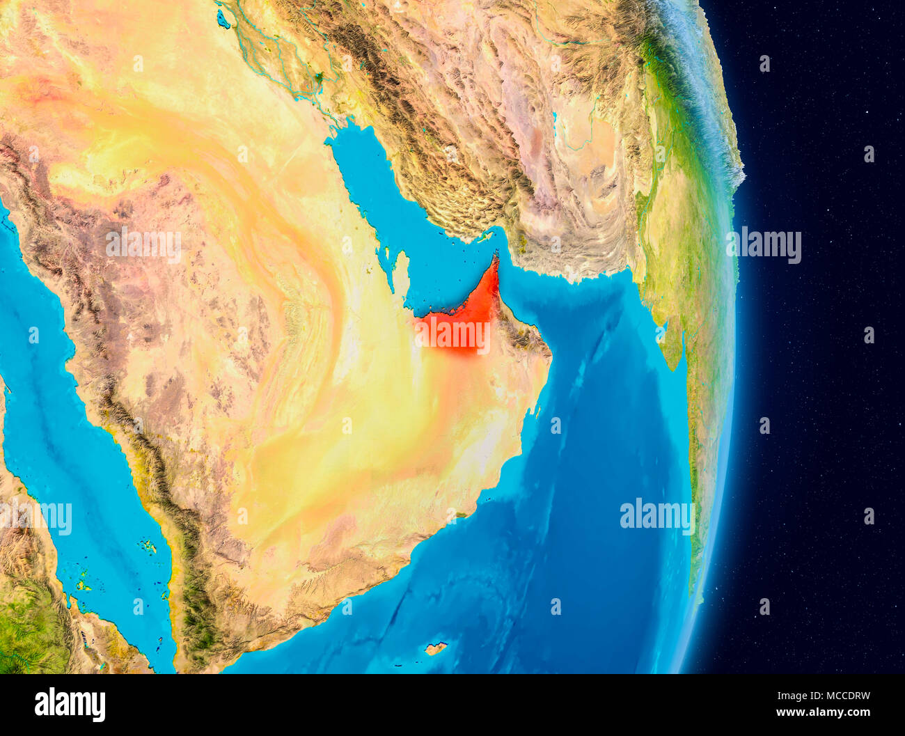 Country of United Arab Emirates in red on planet Earth. 3D illustration ...