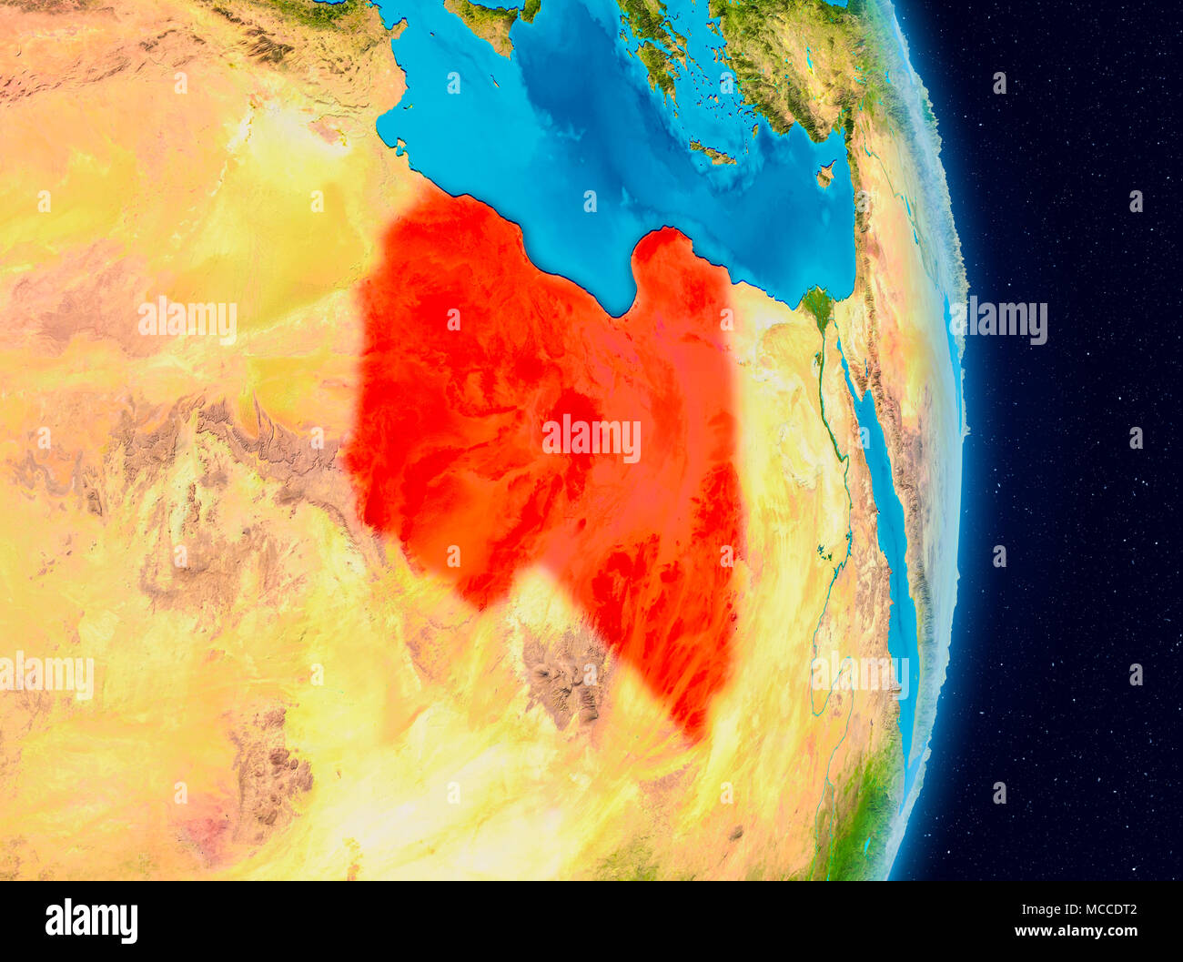 Country of Libya in red on planet Earth. 3D illustration. Elements of ...