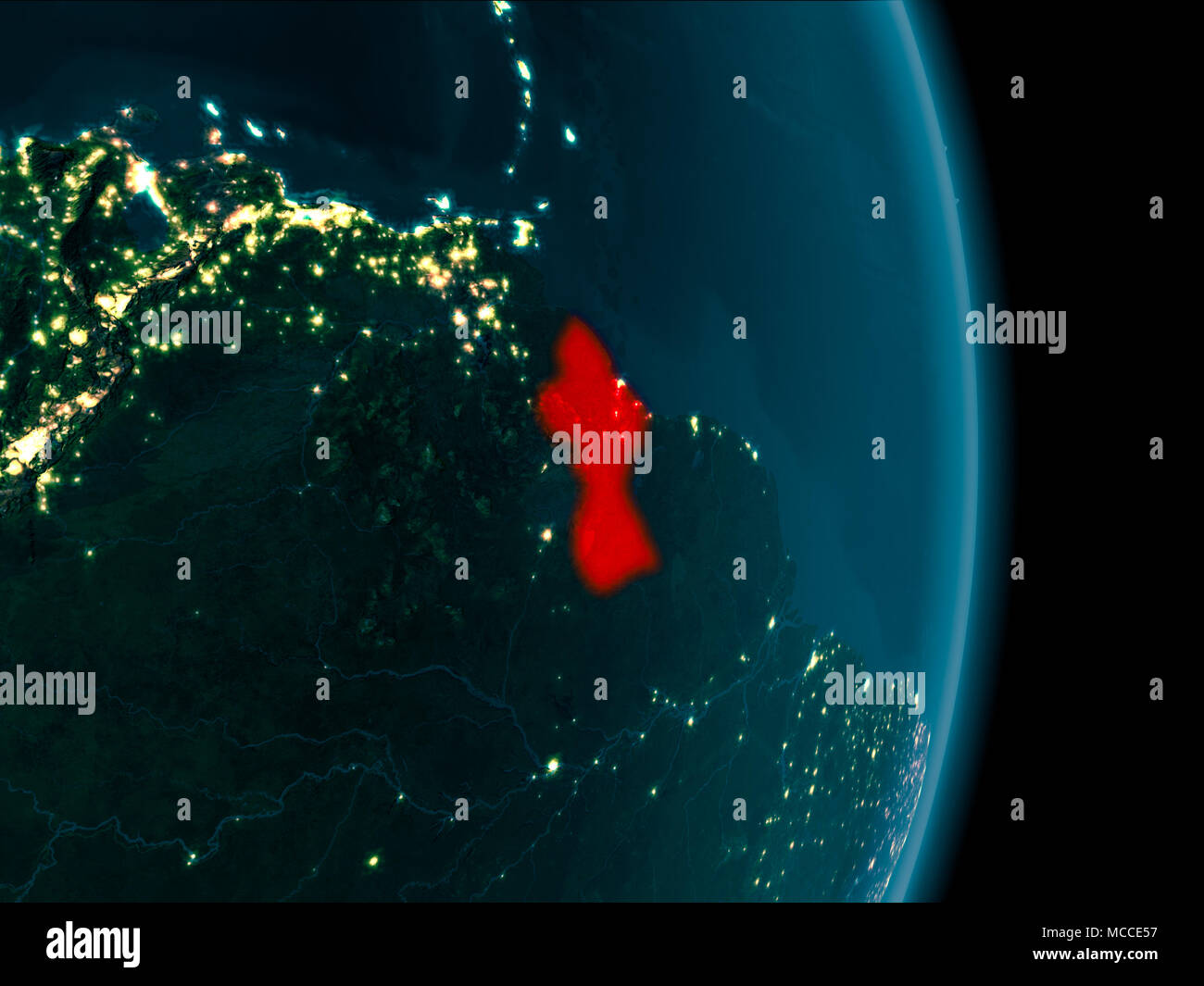 Illustration of Guyana as seen from Earth’s orbit at night. 3D ...