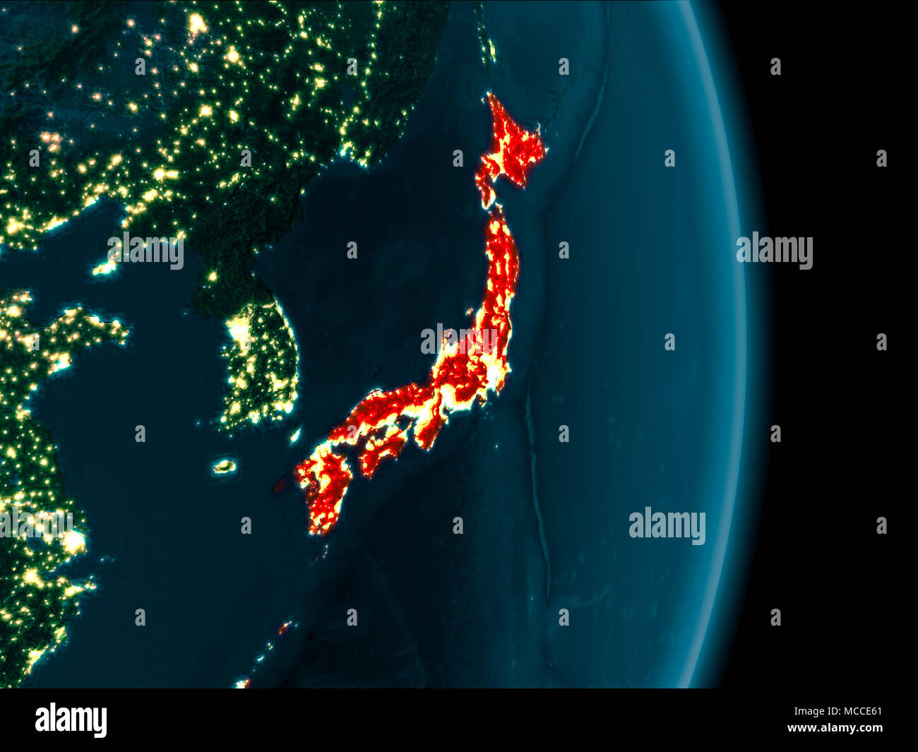 Illustration of Japan as seen from Earth’s orbit at night. 3D ...