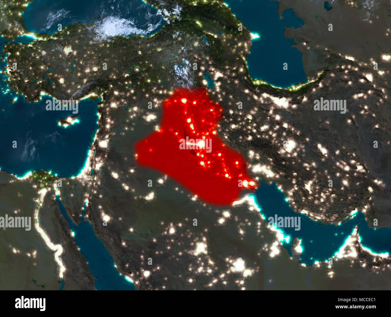 Country of Iraq in red on planet Earth with clouds at night. 3D ...