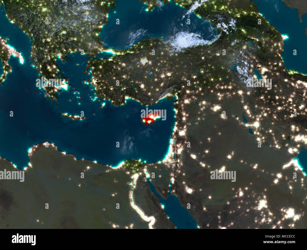 Country of Cyprus in red on planet Earth with clouds at night. 3D ...