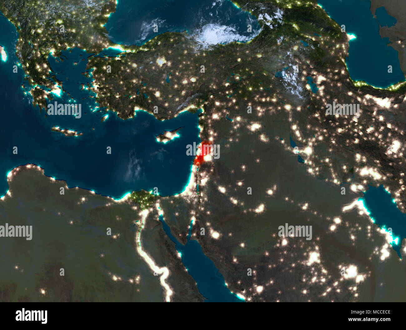 Country of Lebanon in red on planet Earth with clouds at night. 3D ...